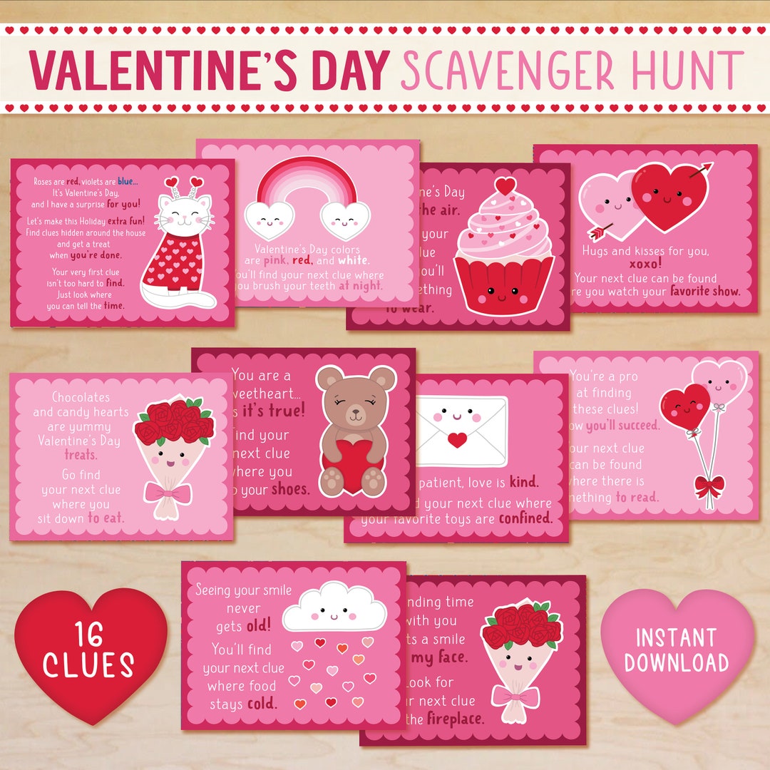Valentine's Day Scavenger Hunt, Valentines Day Treasure Hunt Clue Cards ...