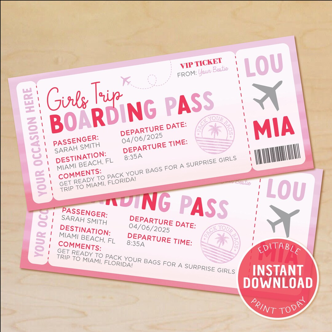 Girls Trip Boarding Pass Template, Editable Plane Ticket Printable ...
