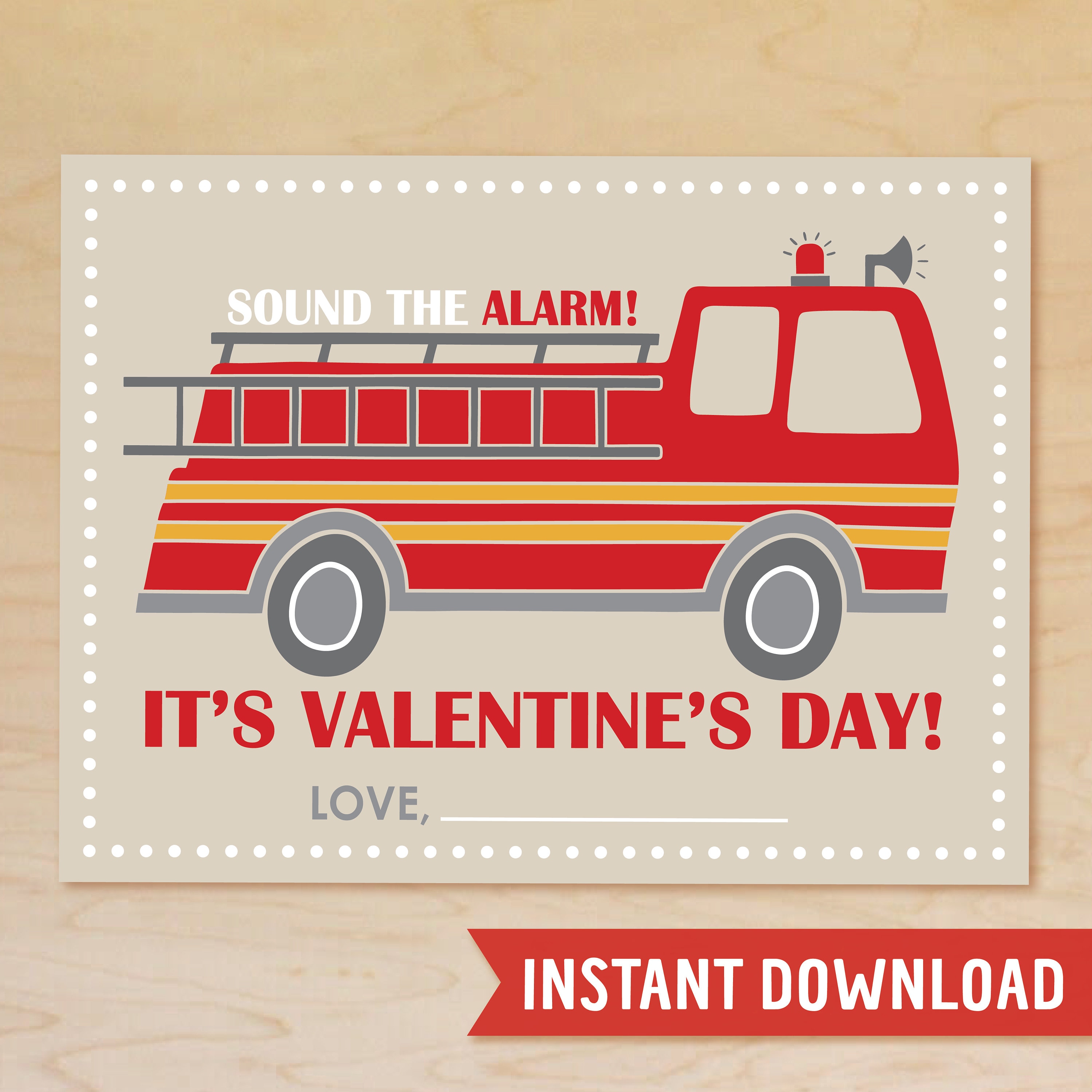 Firetruck Valentine INSTANT DOWNLOAD, Classroom Valentine Cards, Fire ...