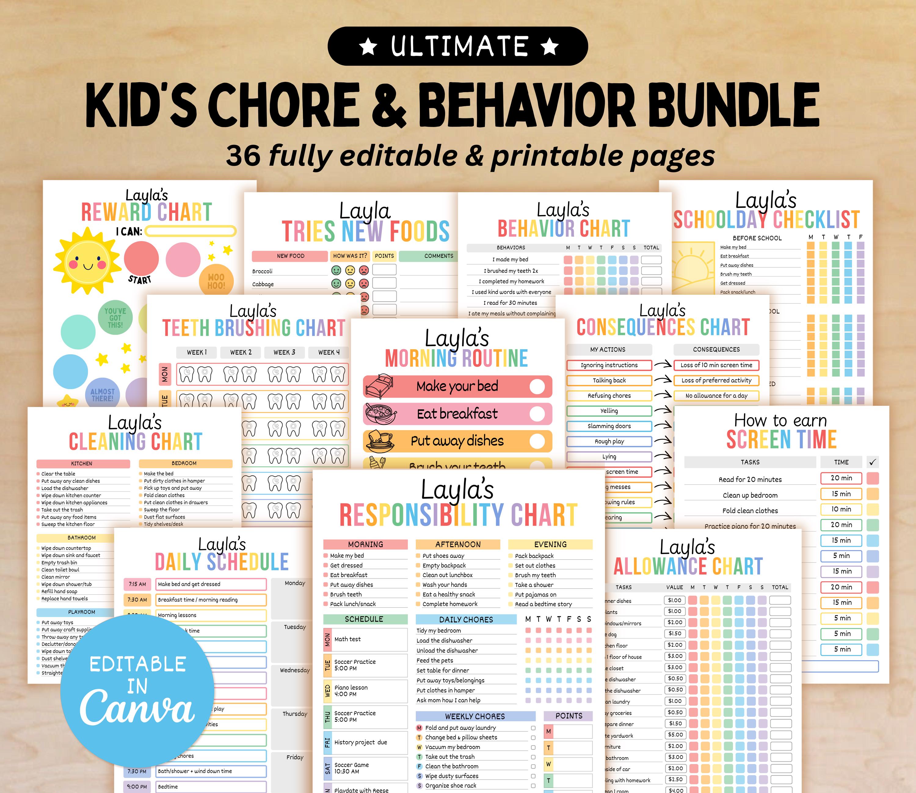 Editable Kids Chore Chart and Behavior Chart Bundle, Responsibility ...