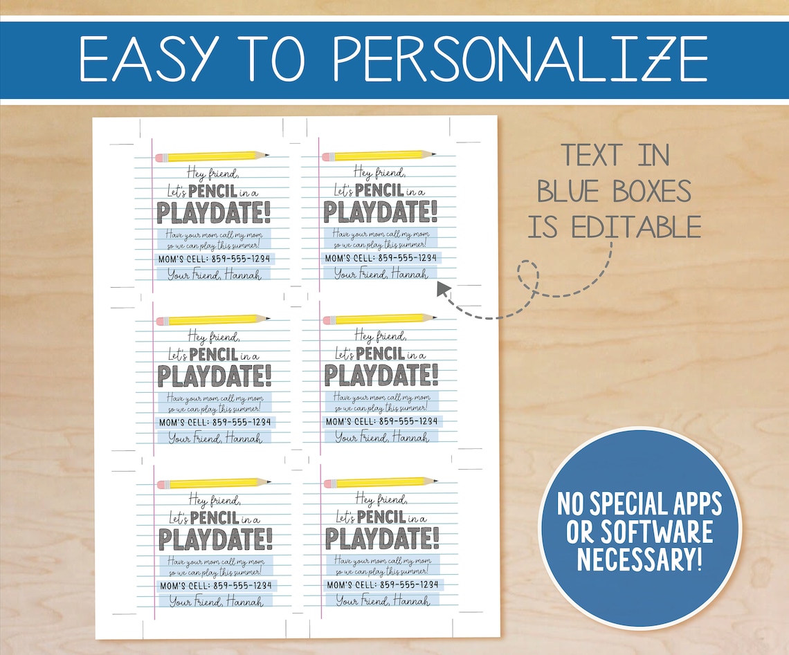 Editable Playdate Cards for Kids, Keep in Touch Cards, End of School ...