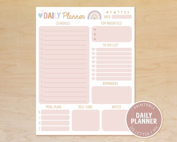 Daily Planner Printable Cute Rainbow Daily Planner Pink | Etsy