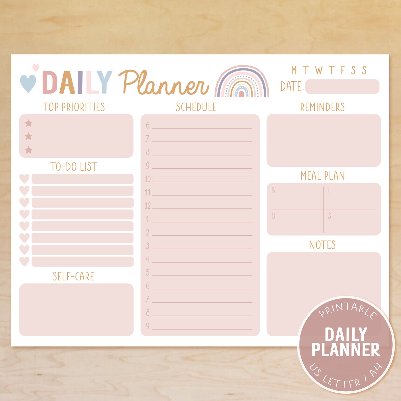 Daily Planner Printable, Cute Pink Rainbow Daily Planner, Daily ...
