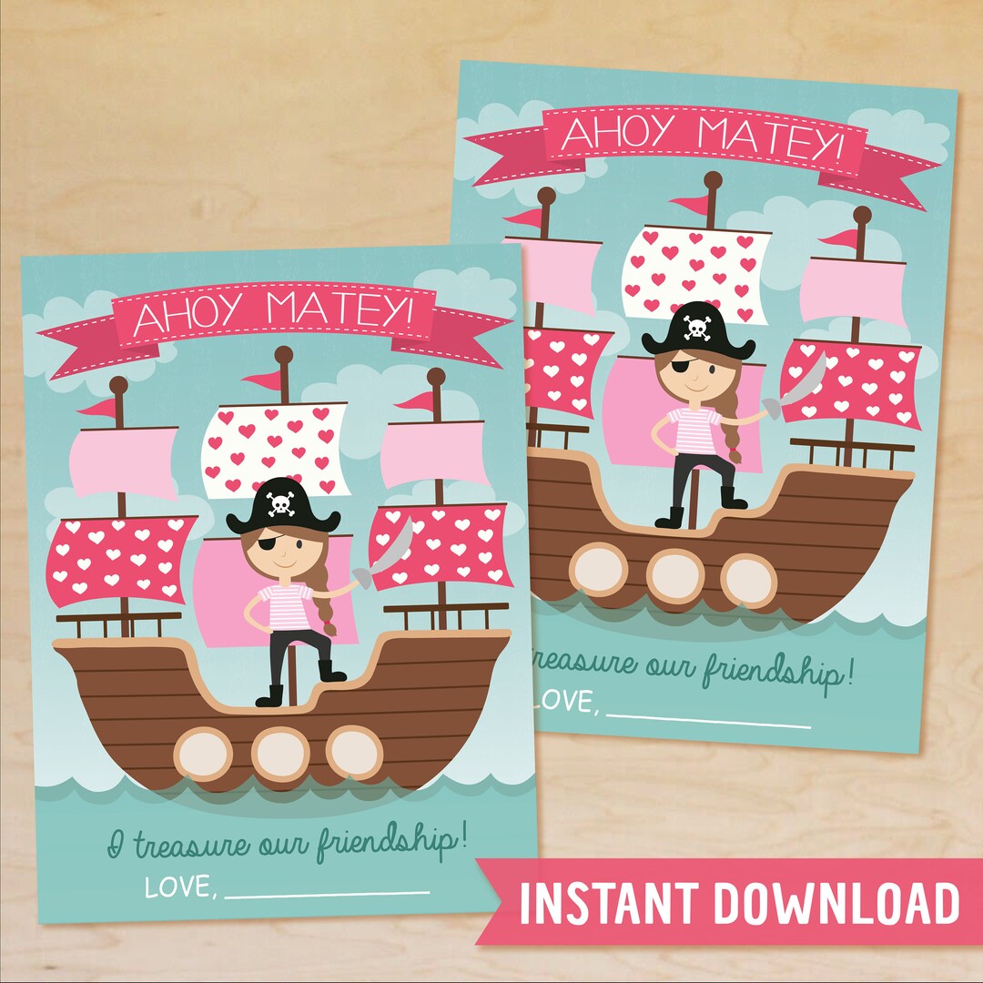 Girl Pirate Valentine INSTANT DOWNLOAD, Classroom Valentine, Pirate ...
