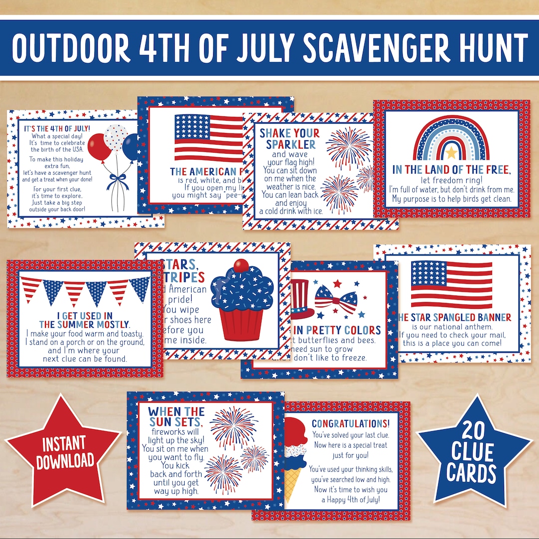 4th of July Outdoor Scavenger Hunt Clue Cards, Fourth of July Treasure ...