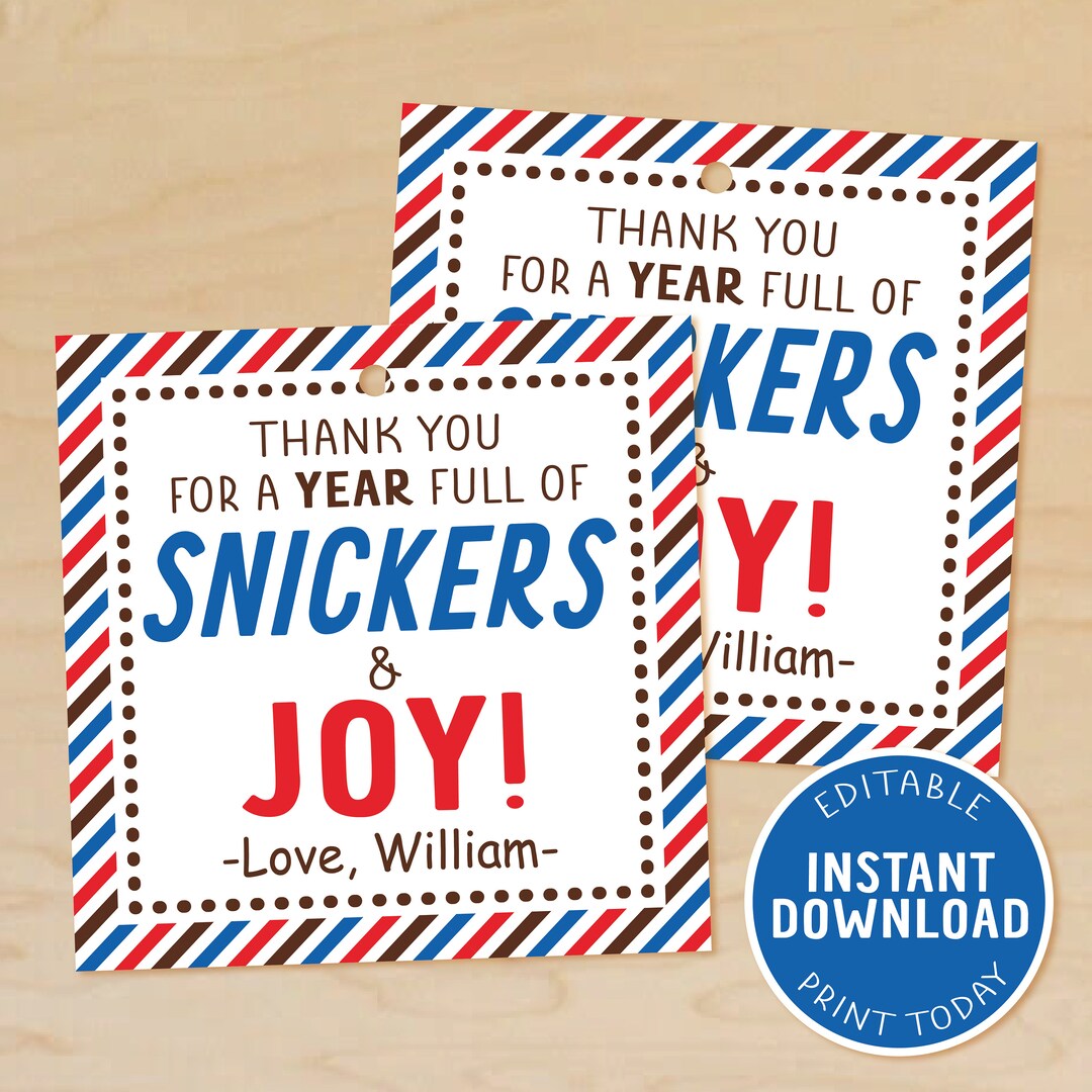 Snickers Gift Tags, Almond Joy Tag, Teacher Appreciation, Teacher Thank ...