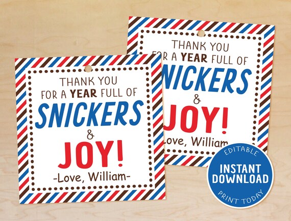 Snickers Gift Tags Almond Joy Tag Teacher Appreciation - Etsy