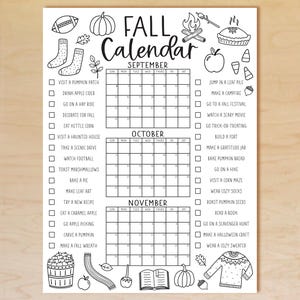 Printable Fall Calendar Poster, Fall Activities Calendar, Autumn ...