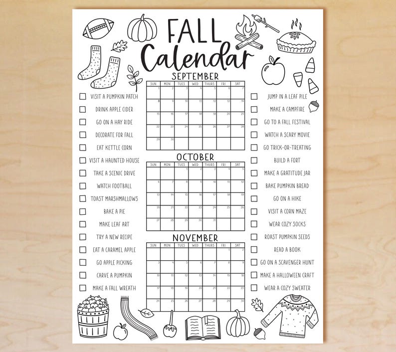 Printable Fall Calendar Poster, Fall Activities Calendar, Autumn ...