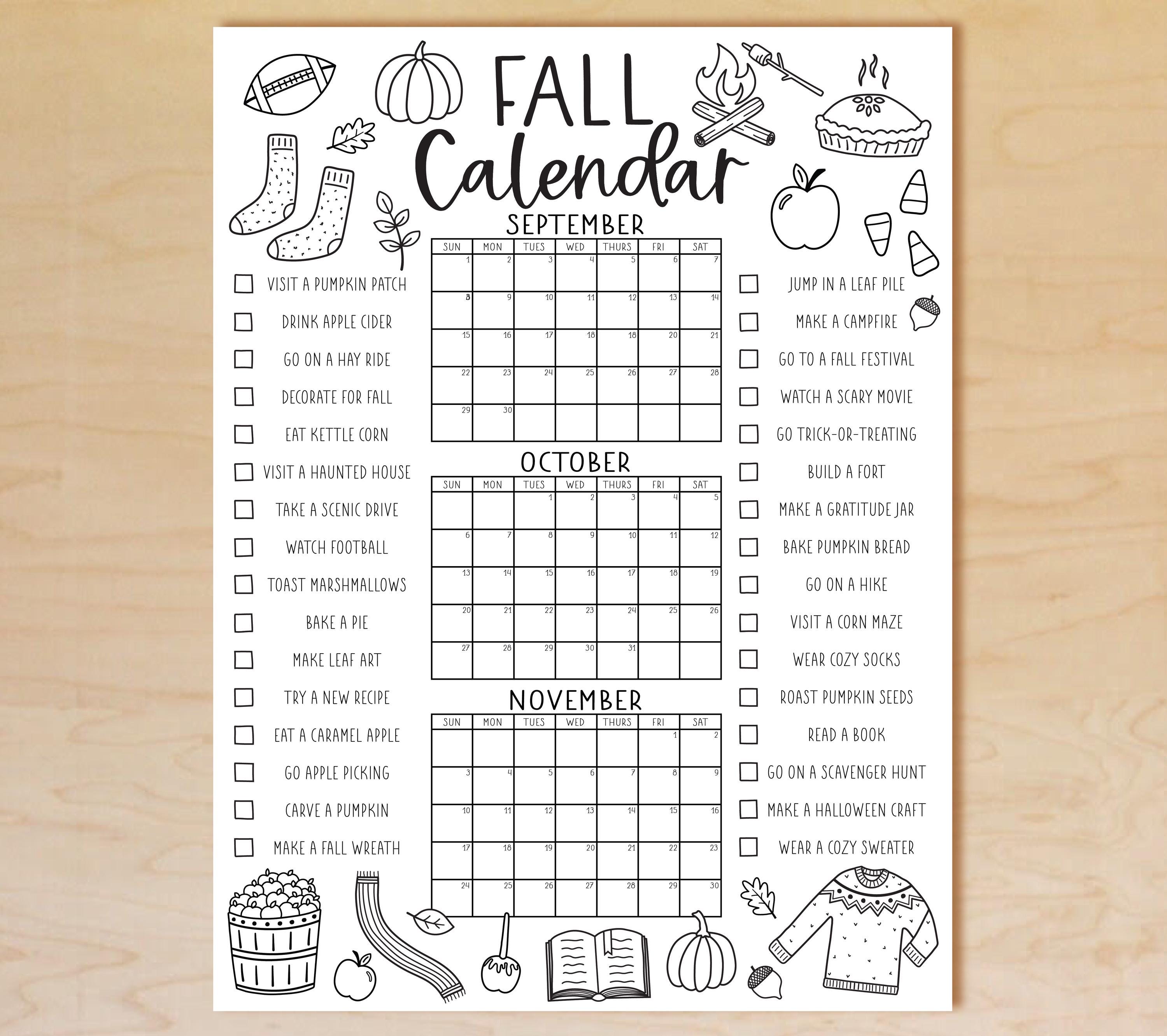 Printable Fall Calendar Poster, Fall Activities Calendar, Autumn ...