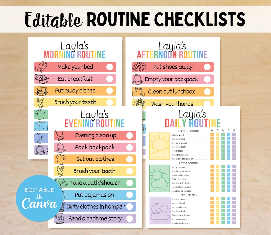 Editable Daily Checklist for Kids, Routine Chart for Kids, School Day ...