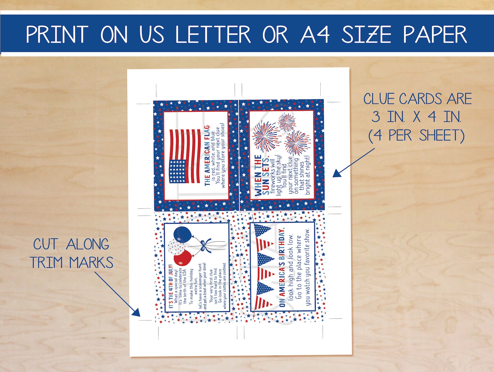 4th of July Indoor Scavenger Hunt Clue Cards, Fourth of July Treasure ...