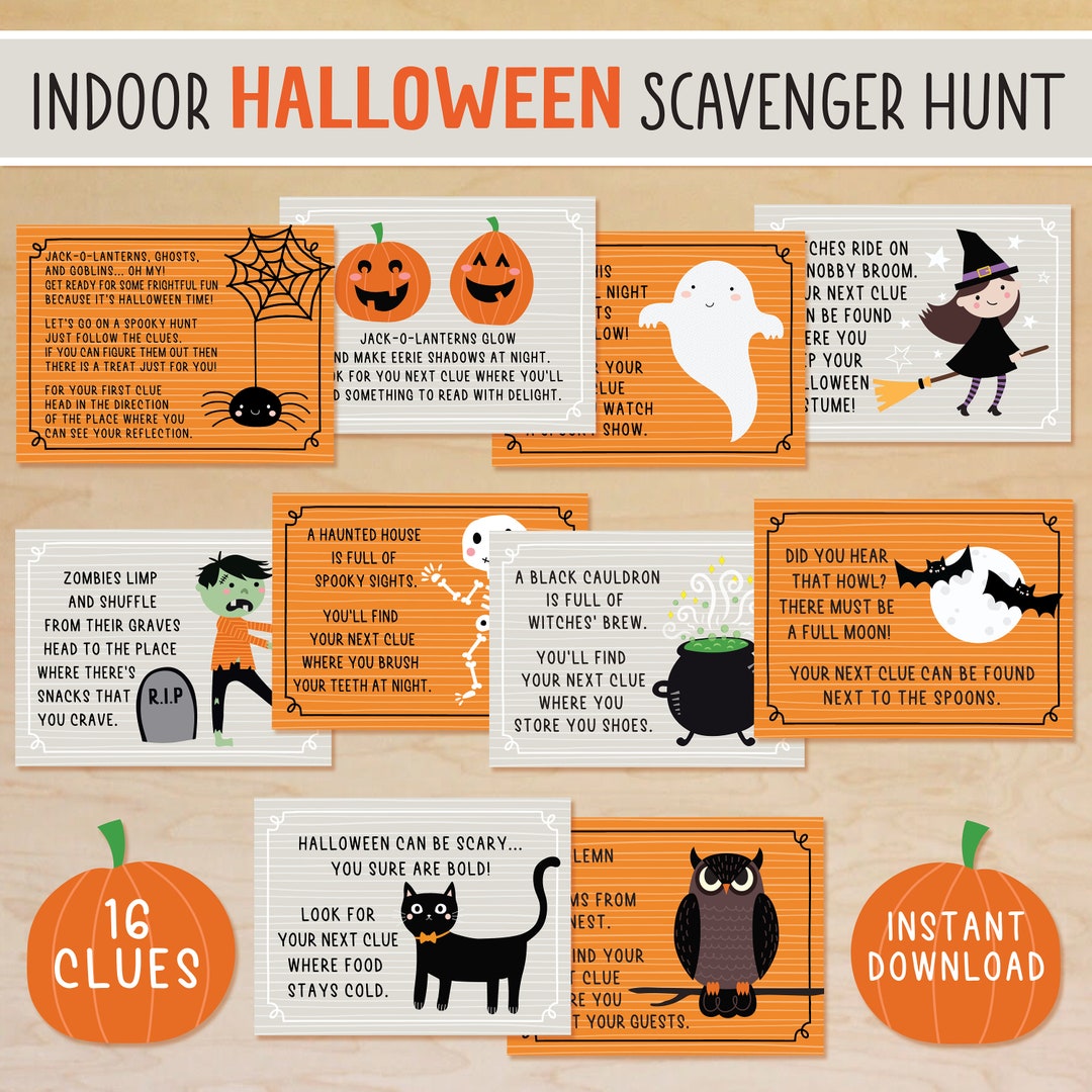Halloween Scavenger Hunt for Kids, Indoor Halloween Treasure Hunt Clue ...