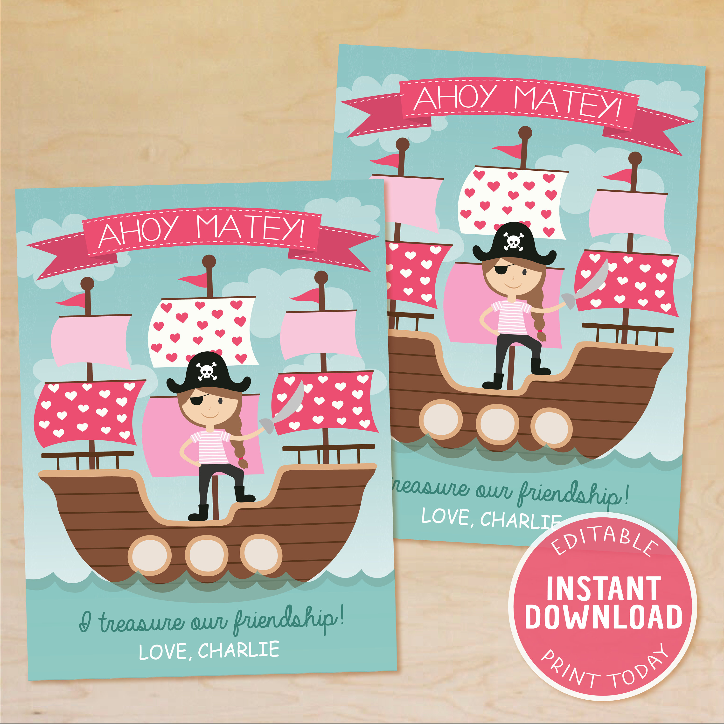 Girl Pirate Valentine Card, Classroom Valentine, School Valentine ...