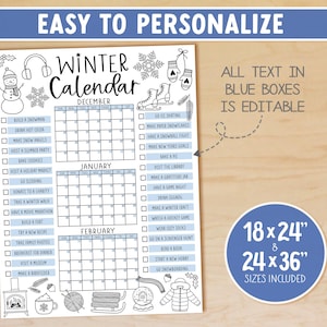 Printable Winter Calendar Poster, Winter Activities Calendar, Bucket ...