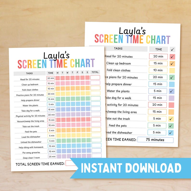 Editable Screen Time Chart for Kids, Screen Time Checklist, Screentime ...