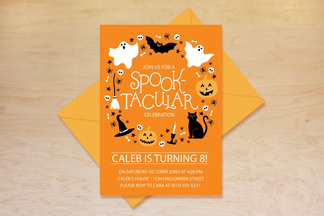 Kids Halloween Party Invitation, Orange Halloween Birthday Invitation ...
