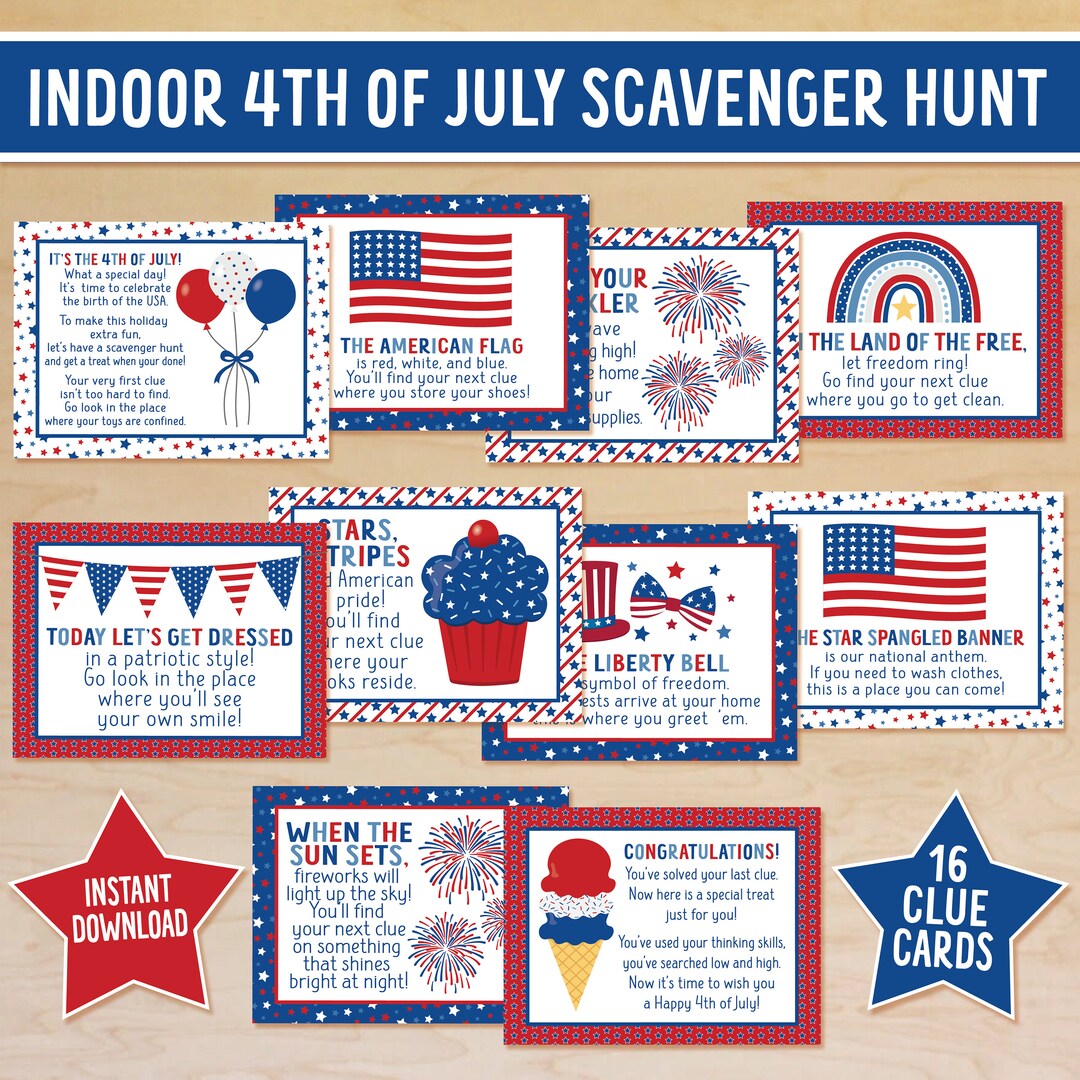 4th of July Indoor Scavenger Hunt Clue Cards, Fourth of July Treasure ...