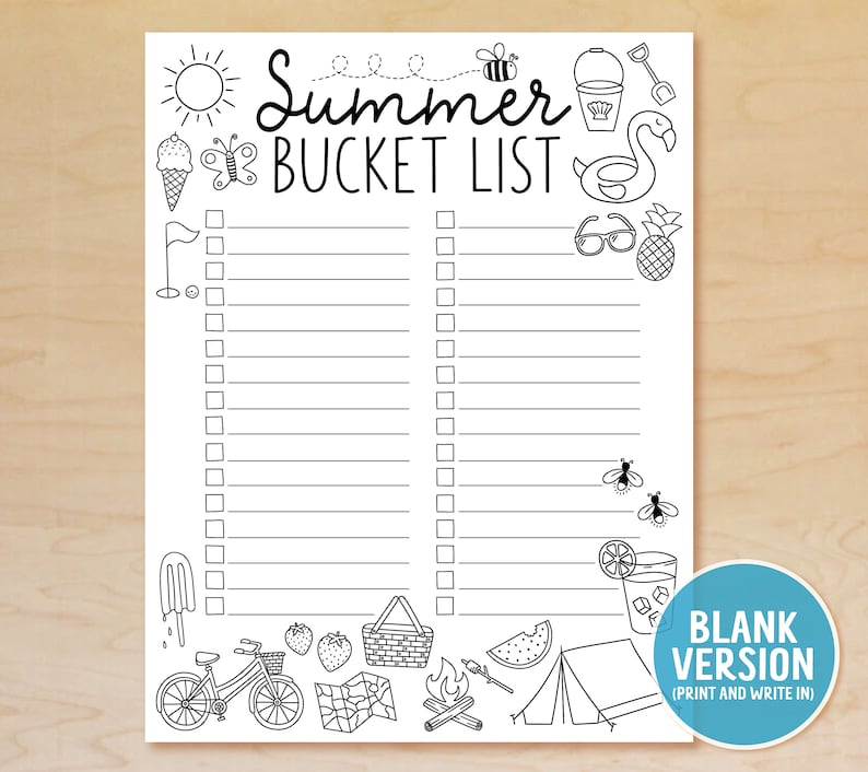 Summer Bucket List Printable, Summer Break Bucket List Template, Summer ...