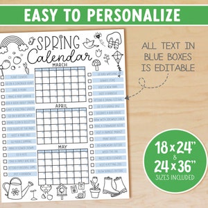 Printable Spring Calendar Poster, Spring Activities Calendar, Spring ...