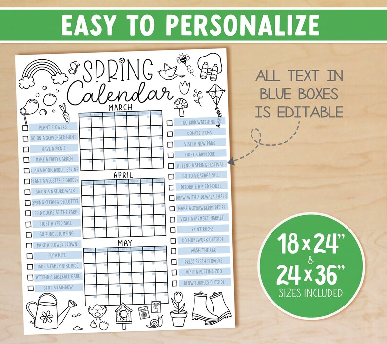 Printable Spring Calendar Poster, Spring Activities Calendar, Spring ...