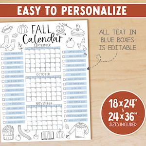 Printable Fall Calendar Poster, Fall Activities Calendar, Autumn ...