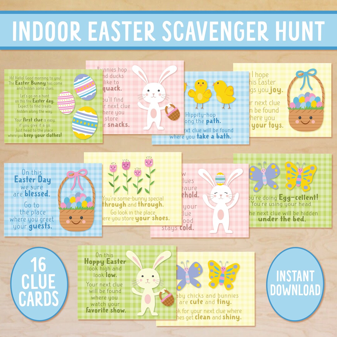 Indoor Easter Scavenger Hunt Clues, Easter Egg Hunt Clue Cards, Easter ...