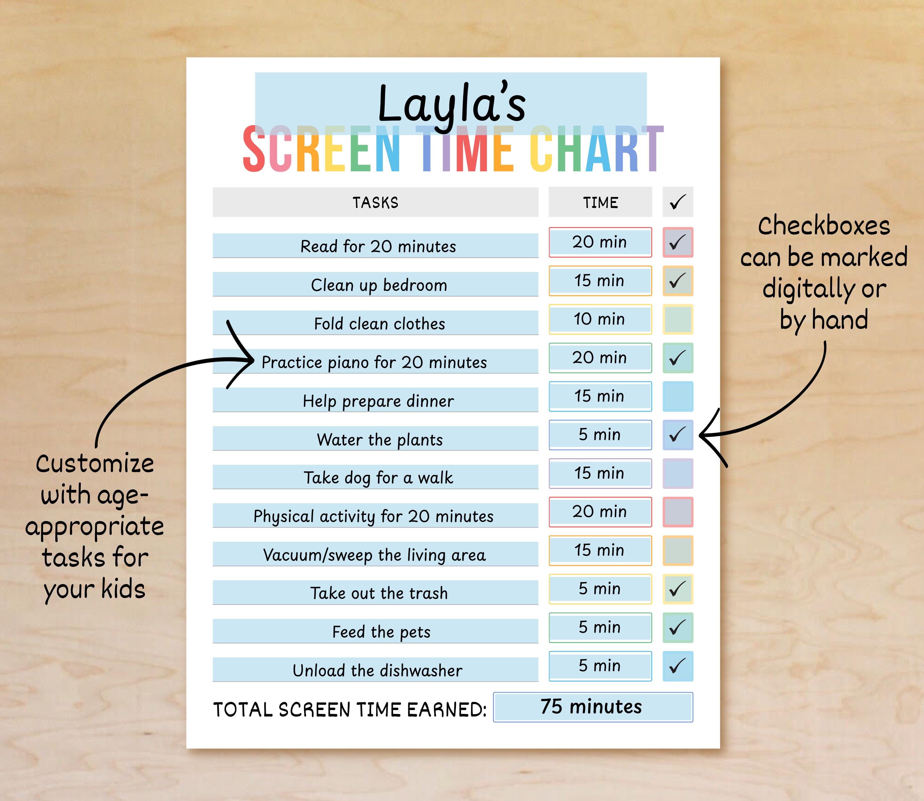 Editable Screen Time Chart for Kids, Screen Time Checklist, Screentime ...