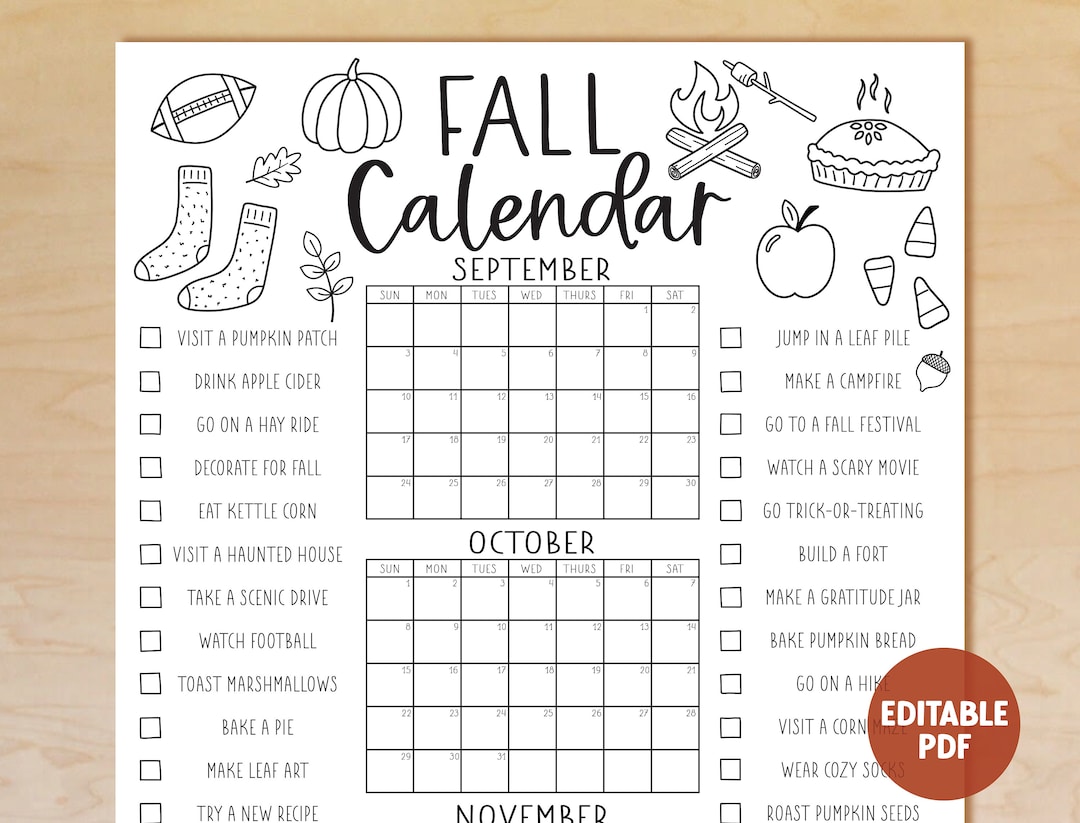 Printable Fall Calendar Poster Fall Activities Calendar - Etsy