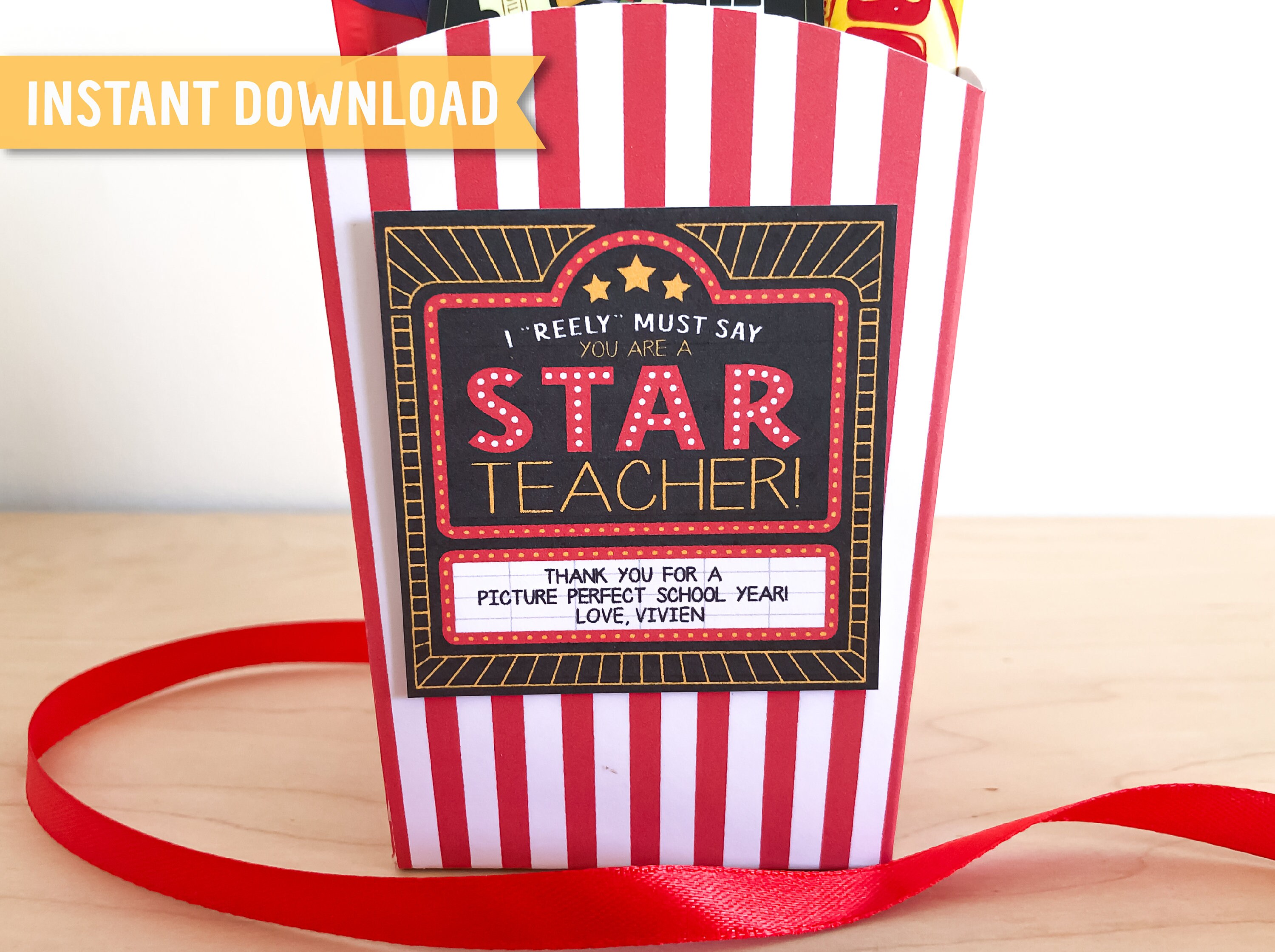 Movie Teacher Appreciation Printable, Teacher Movie Night Gift, Popcorn ...