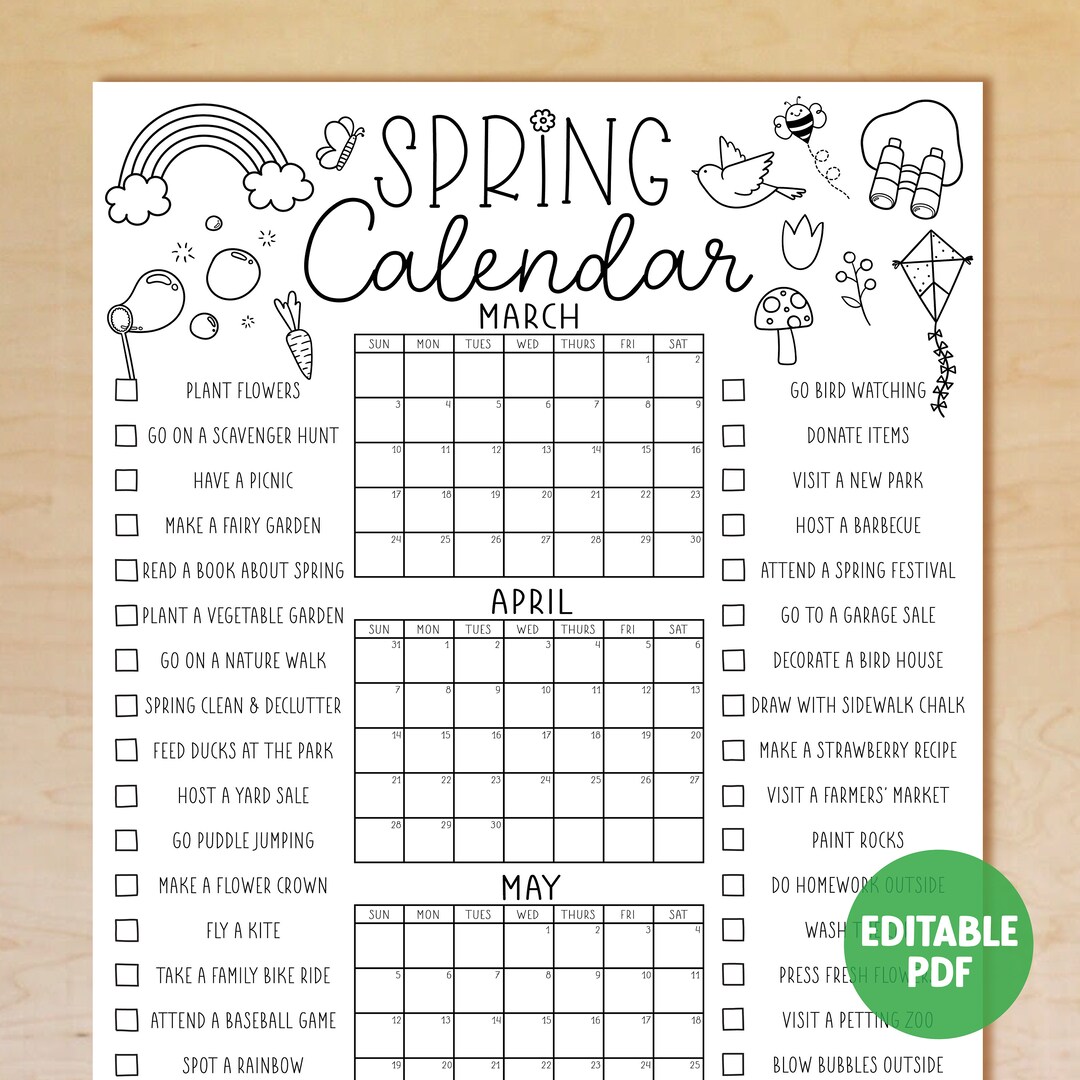 Printable Spring Calendar Poster, Spring Activities Calendar, Spring ...
