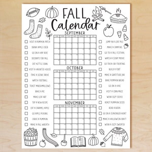 Printable Fall Calendar Poster, Fall Activities Calendar, Autumn ...