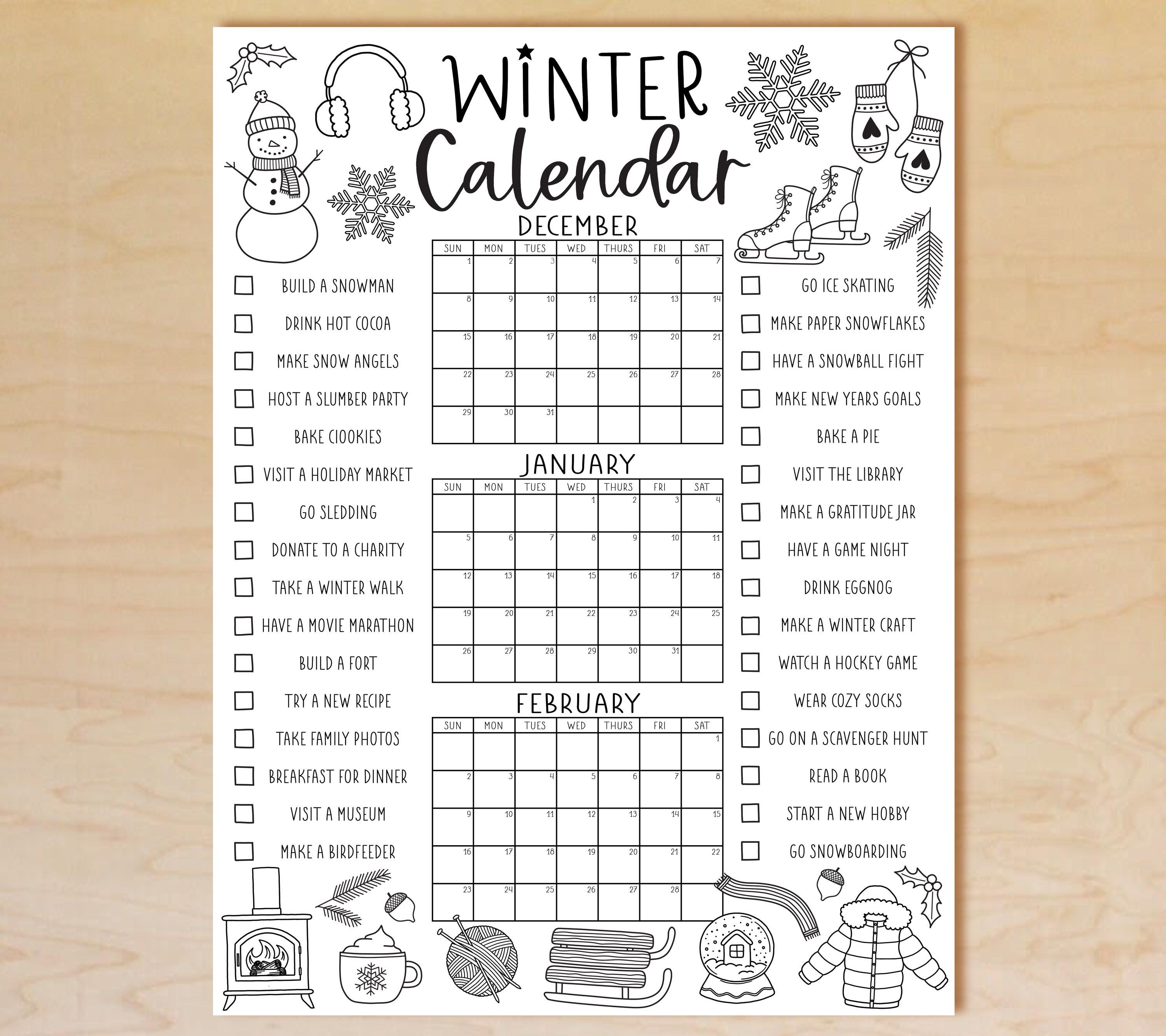Printable Winter Calendar Poster, Winter Activities Calendar, Bucket ...