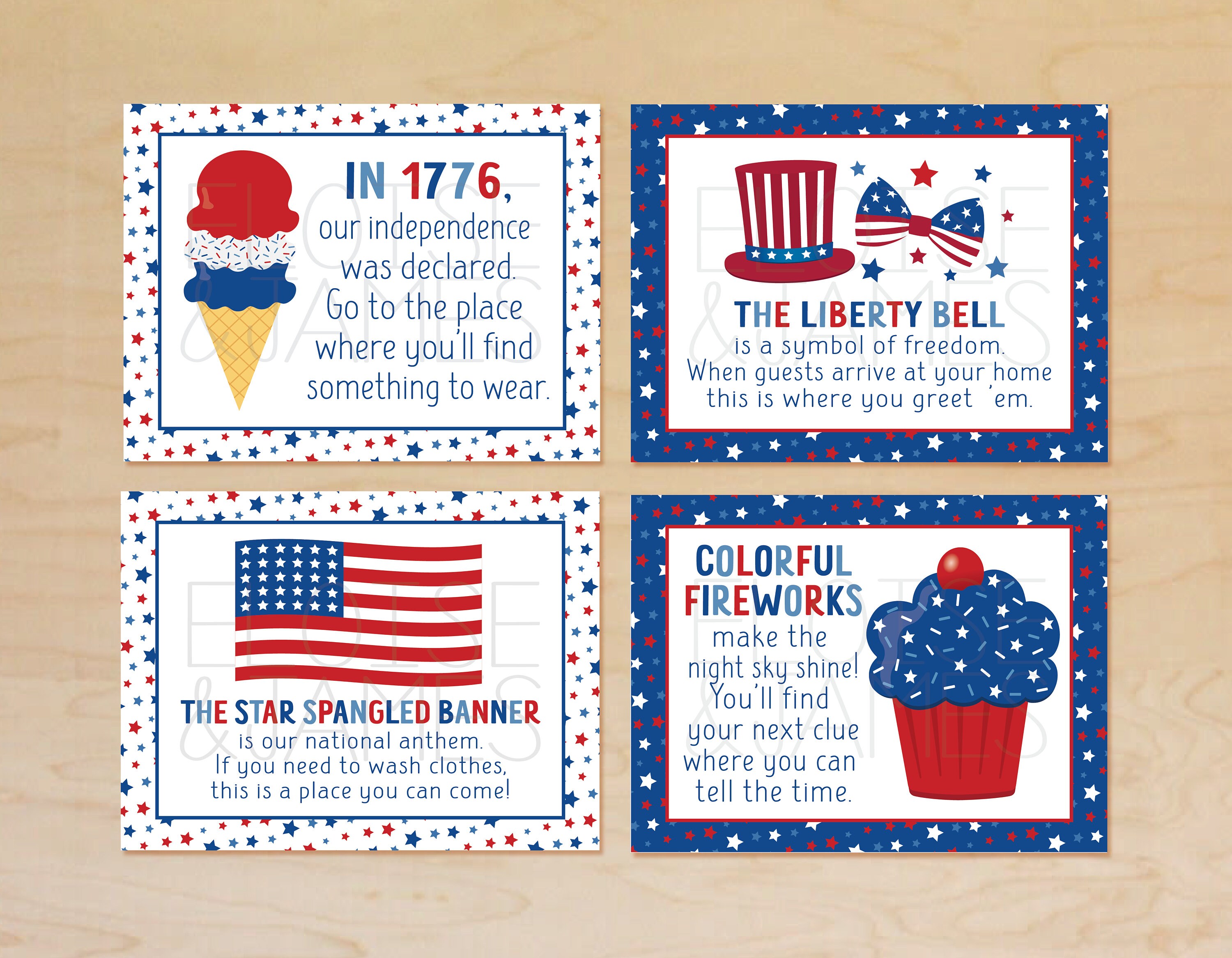 4th of July Indoor Scavenger Hunt Clue Cards, Fourth of July Treasure ...