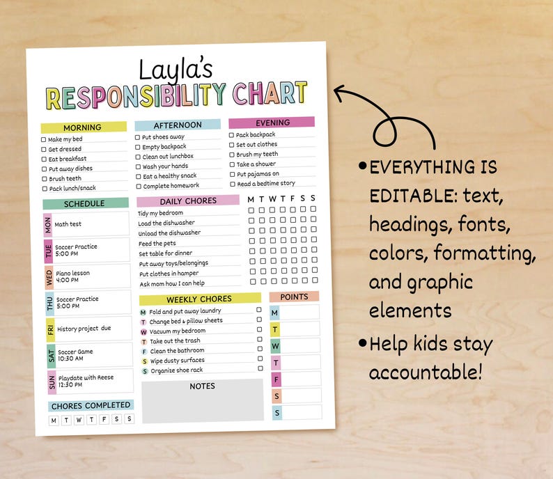 Editable Responsibility Chart for Kids, Kids Chore Checklist, Weekly ...