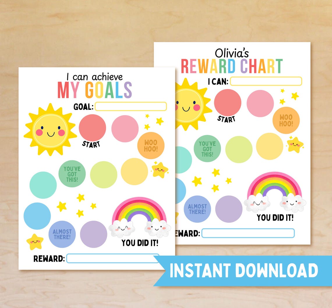 Kids Reward Chart Printable, Kids Goal Tracker, Rainbow Sticker Chart ...