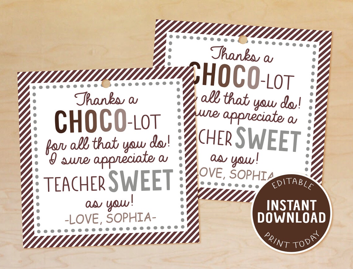 Chocolate Teacher Appreciation Tags Chocolate Thank You Gift - Etsy