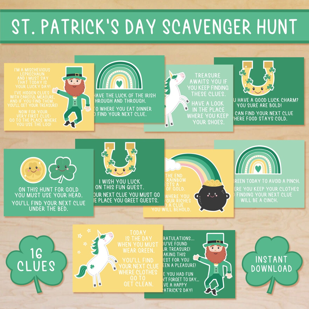 St Patricks Day Scavenger Hunt Clues, St. Patrick's Day Treasure Hunt ...