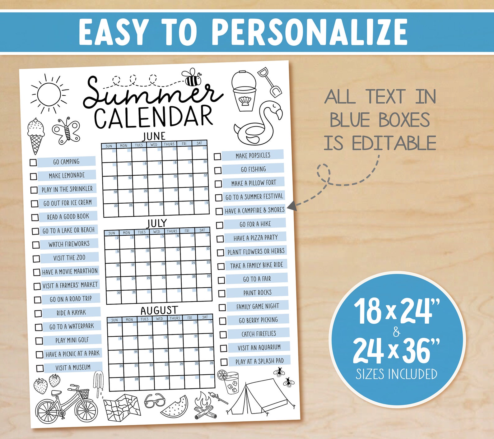 Printable Summer Calendar Poster, Summer Activities Calendar, Bucket ...