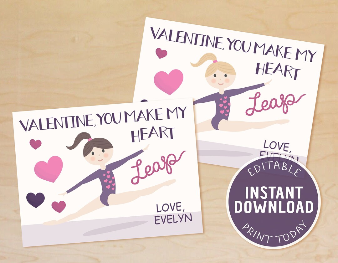 Gymnastics Valentine Card Printable Gymnast Valentine for - Etsy