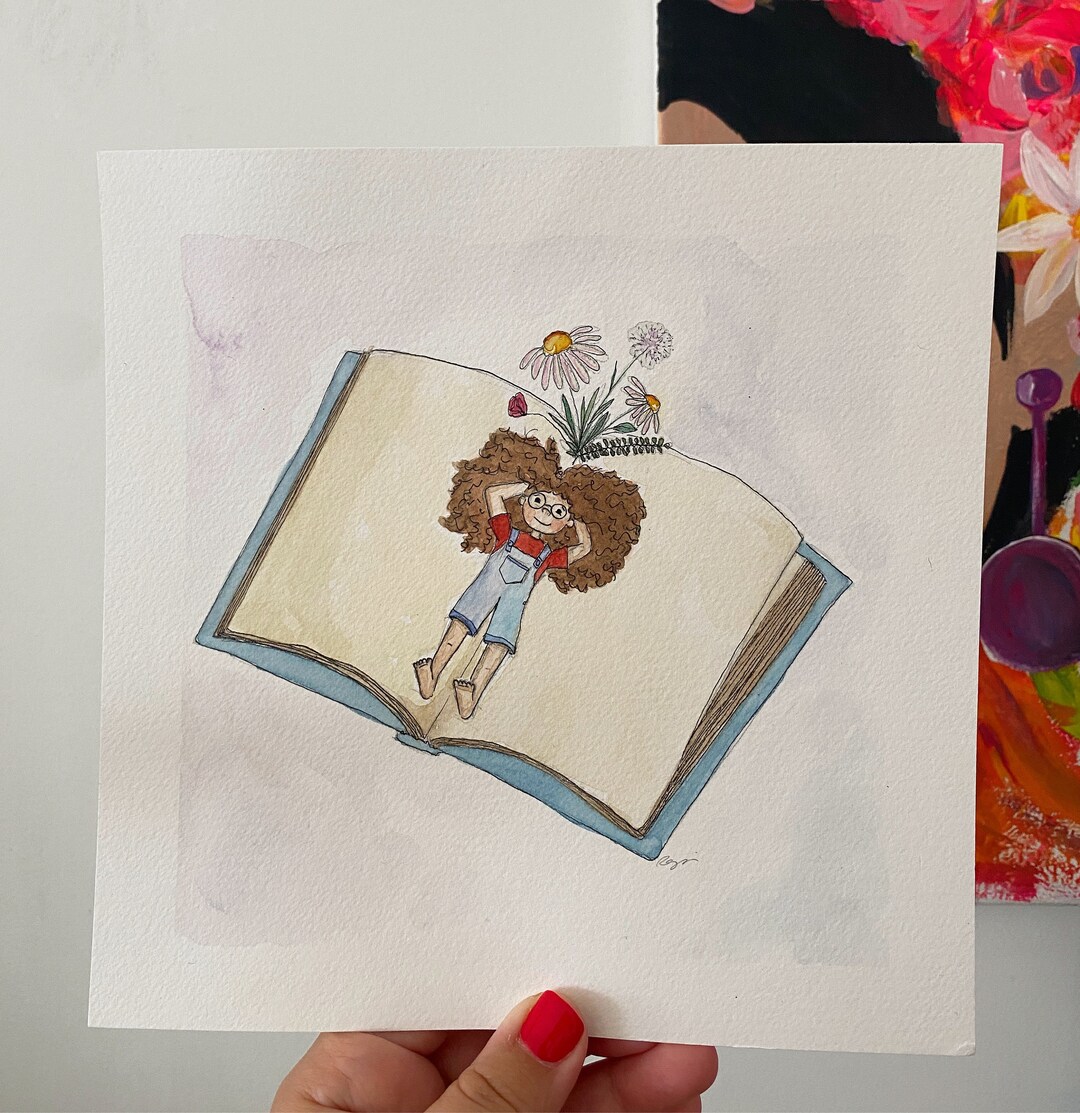Bookworm Art, Original Watercolor Portrait, Book Lover Art - Etsy