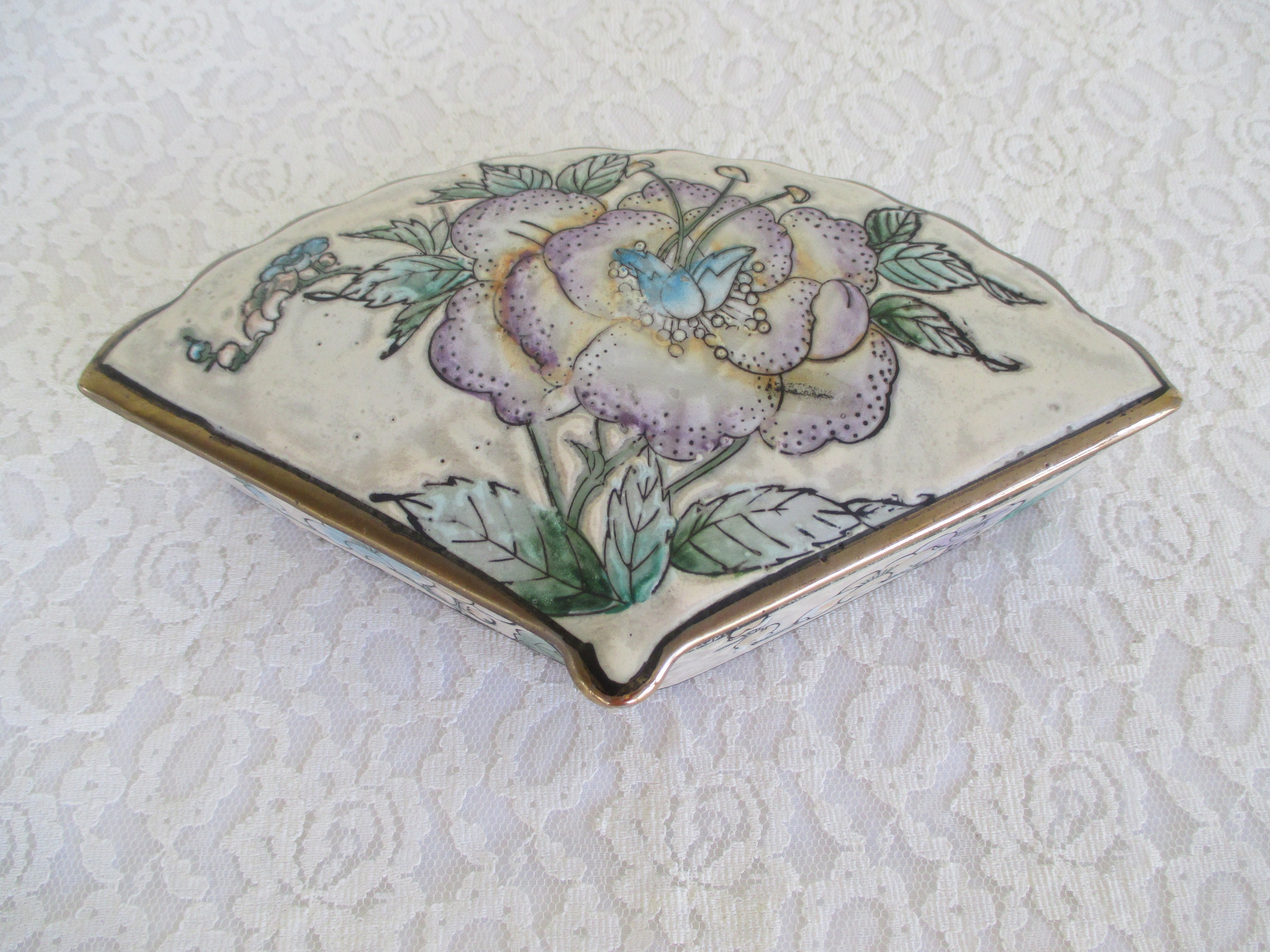 Vintage Porcelain Hand Painted Fan Shape Trinket Box - Etsy