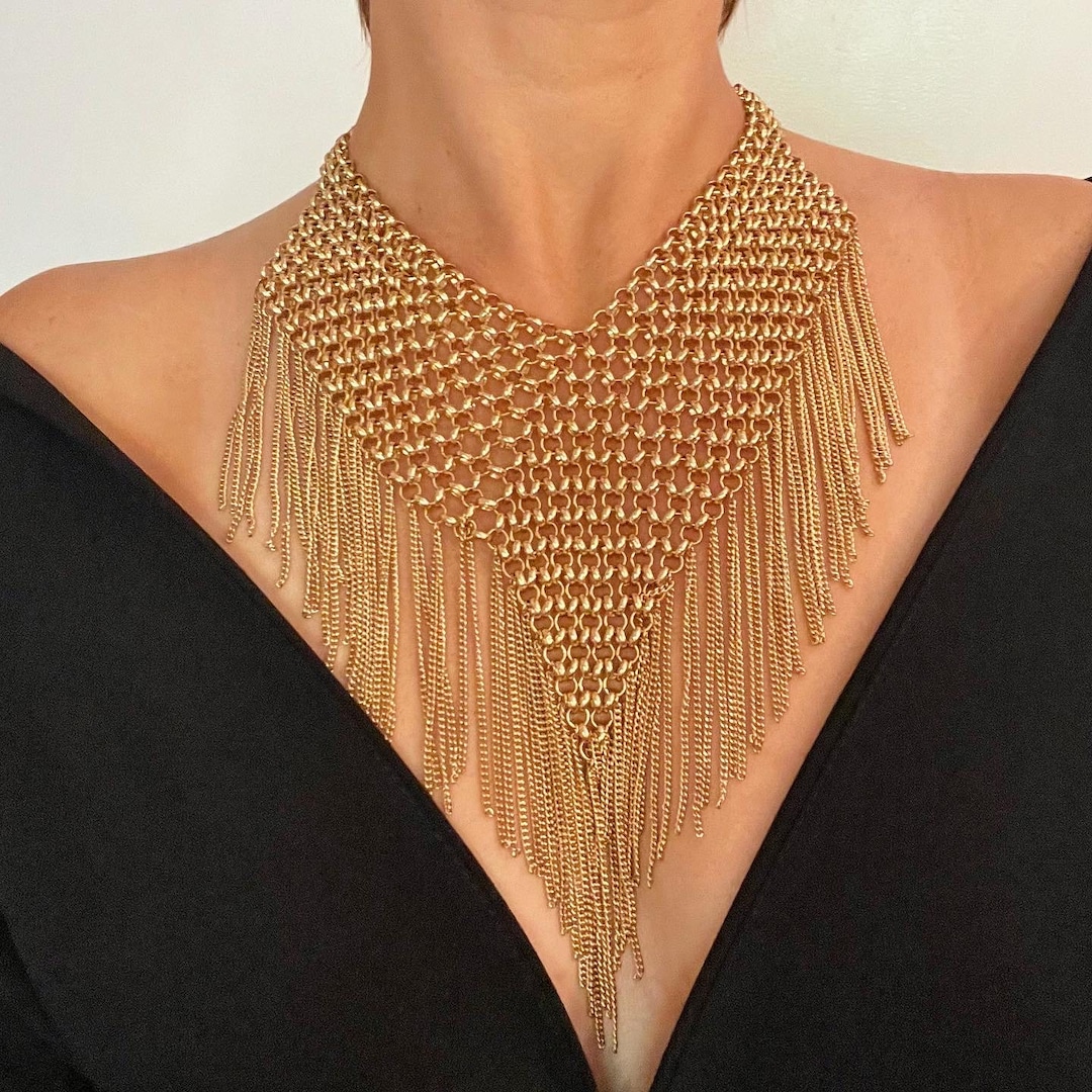Monet 1990's - Sensational Bib Necklace With Mesh and Fringes, Yellow ...