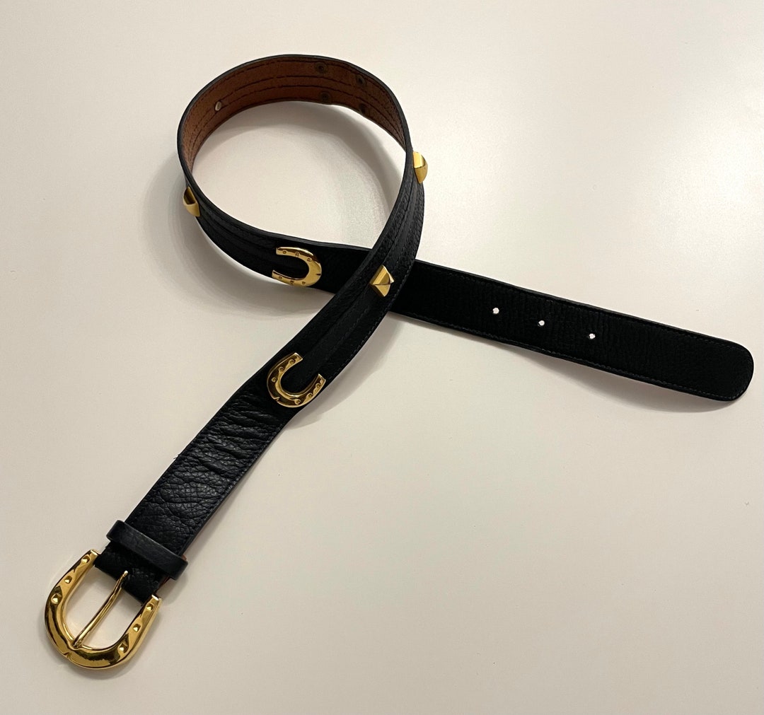 Vincent JOEL Paris 1980's Midnight Blue Leather Belt, Horseshoe Buckle and Appliques and dog ...