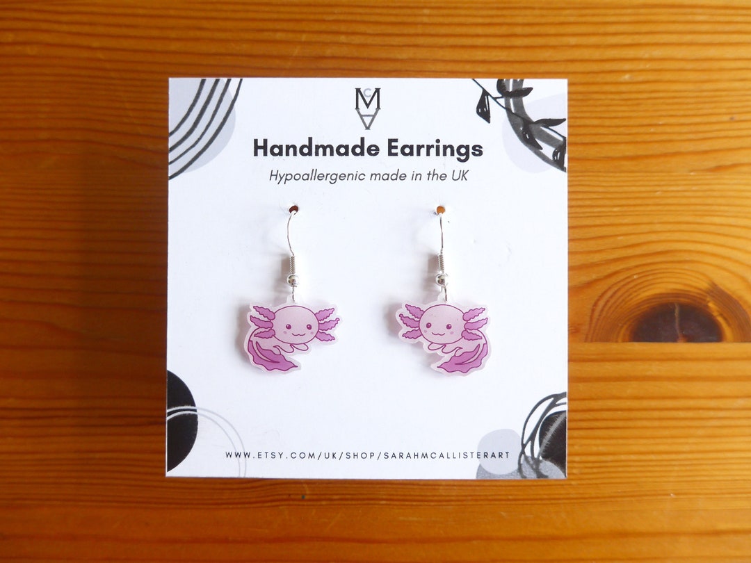 Axolotl Drop Earrings - Cute Pink Axolotl Amphibian Earrings ...