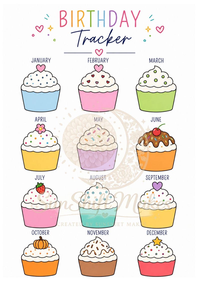 Birthday Tracker Printable | Cupcake Monthly Calendar, Reminder Chart ...