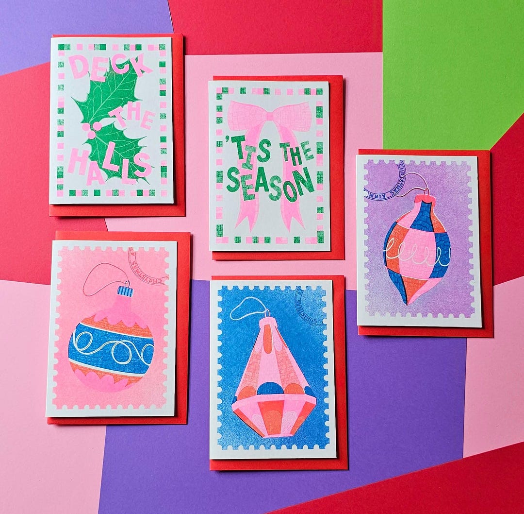 Set of 5 Riso Print Christmas Cards - Xmas Greetings Cards Bundle - Etsy