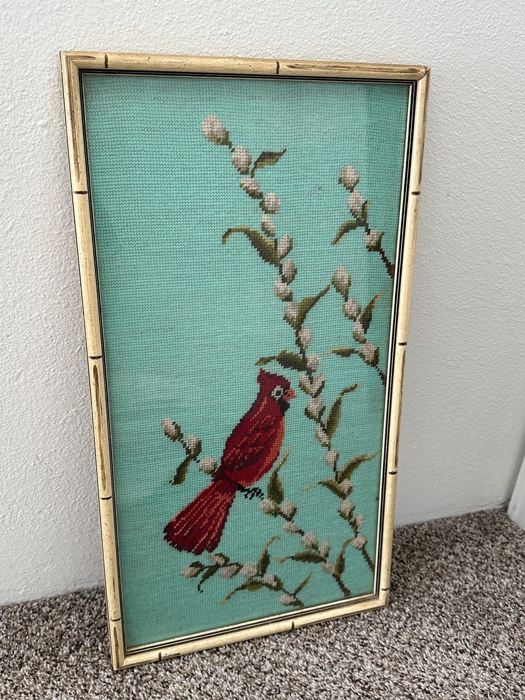 Vintage Framed Needlepoint Cardinal Bird Cross Stitch Aqua Bamboo Frame ...