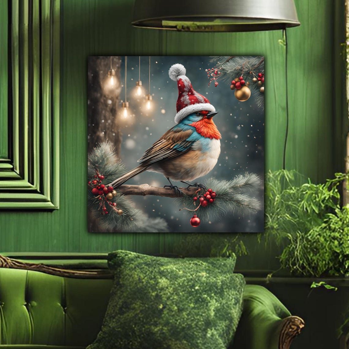 Sparrow in Santa Hat Canvas Print: Festive Winter Bird Decor - Etsy