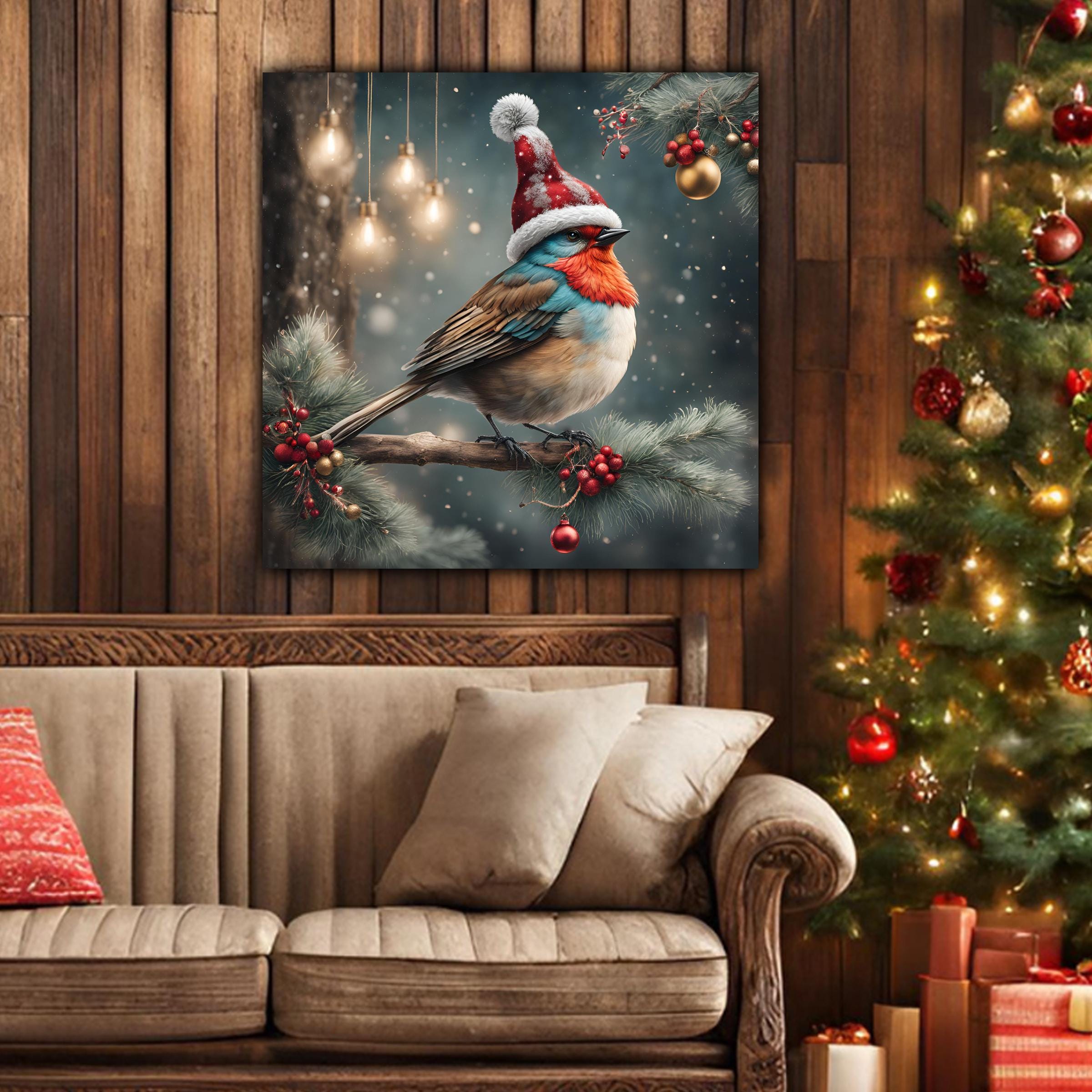 Sparrow in Santa Hat Canvas Print: Festive Winter Bird Decor - Etsy